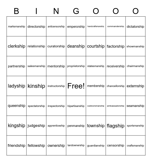Suffix _ship Bingo Card