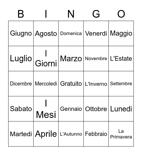 Mesi, Giorni, Stagioni Bingo Card