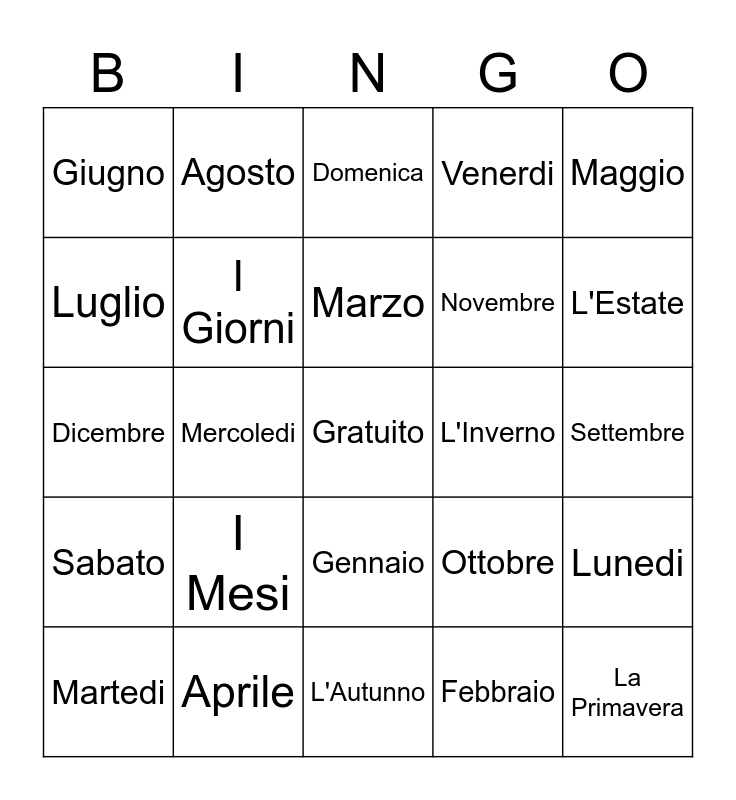 Mesi, Giorni, Stagioni Bingo Card