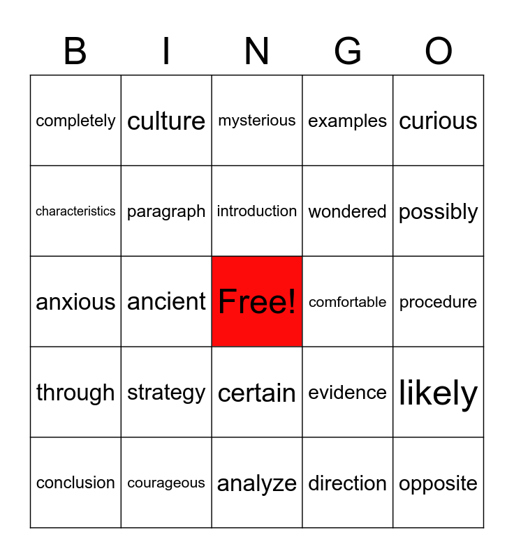 Snappy Word Bingo Card