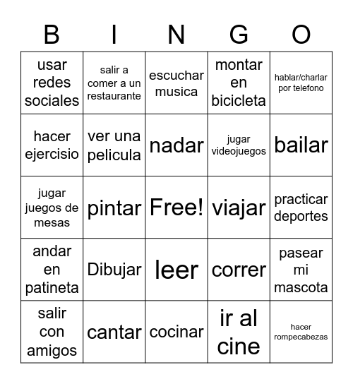 Que Te Gusta Hacer Bingo Card