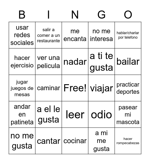 Que te gusta hacer Bingo Card