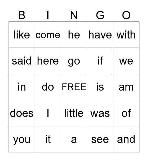 Sight Words Bingo Card