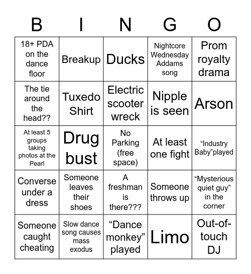 Downtown Prom Bingo Card