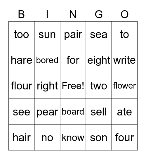 Homophones Bingo Card