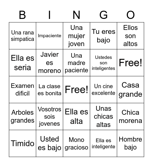 Adjetivos y Verbo Ser Bingo Card