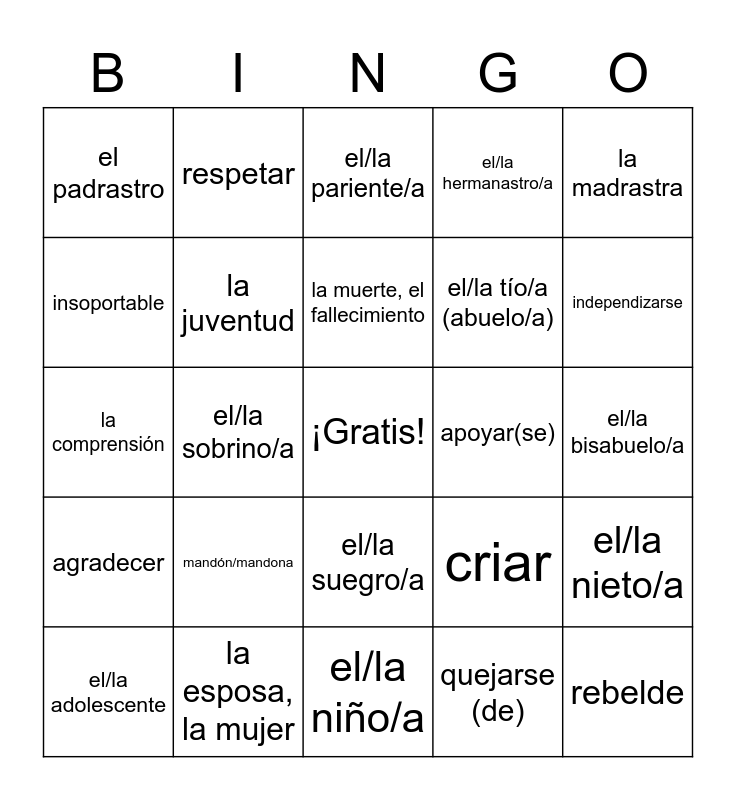Imagina Lección 4 Bingo Card