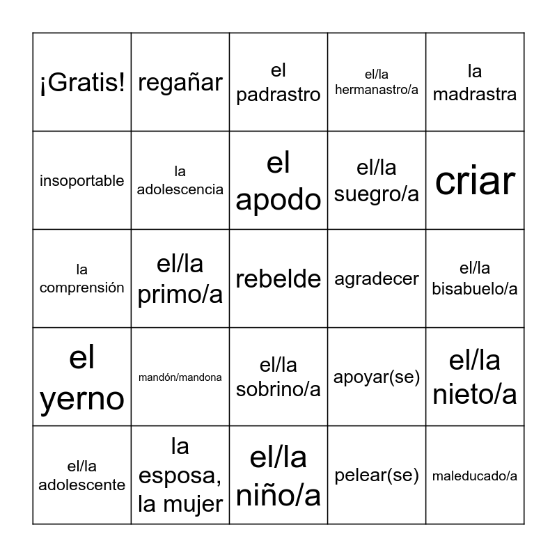 Imagina, Lección 4, En familia Bingo Card