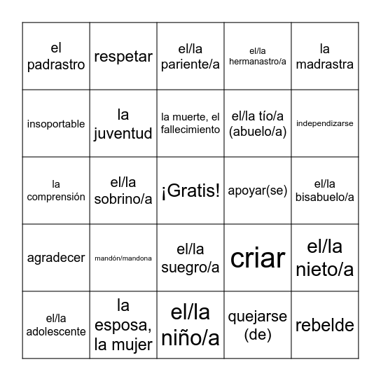 Imagina, Lección 4, En familia Bingo Card