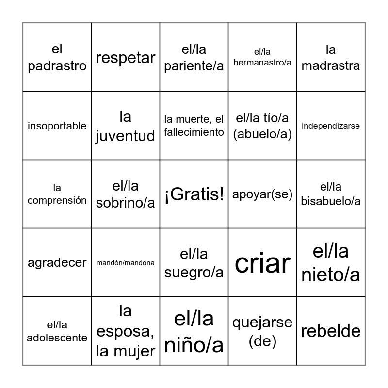 Imagina, Lección 4, En familia Bingo Card