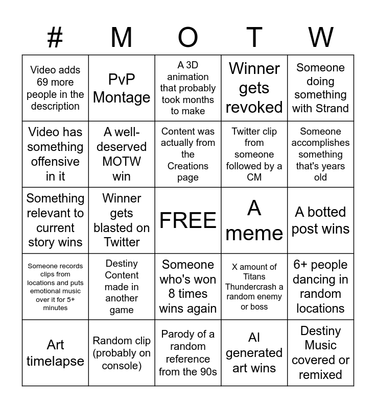 TWAB MOTW/AOTW Bingo Card