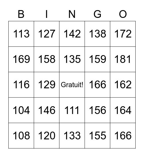 Les nombres 100-200 Bingo Card