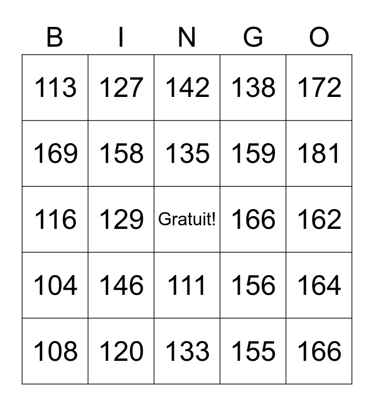 Les nombres 100-200 Bingo Card
