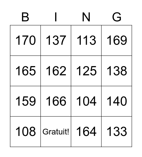 Les nombres 100-200 Bingo Card