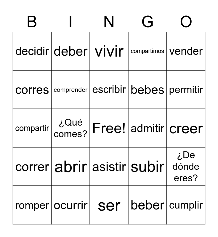 Verbos -ER and -IR Bingo Card