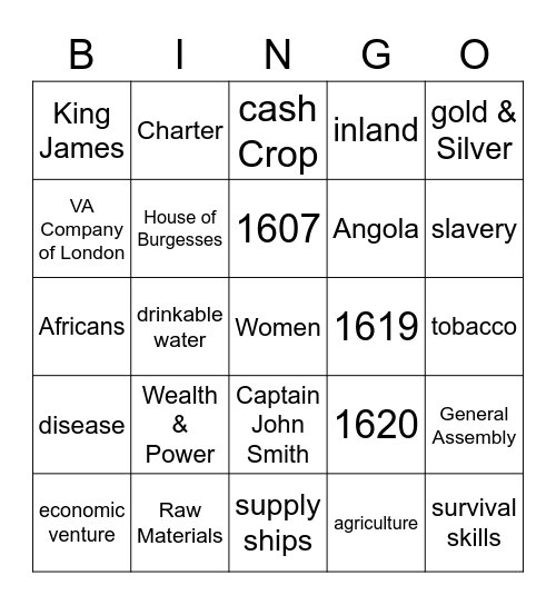 Jamestown Bingo Card