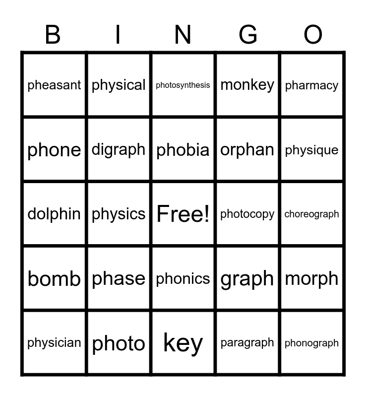 -ph words Bingo Card