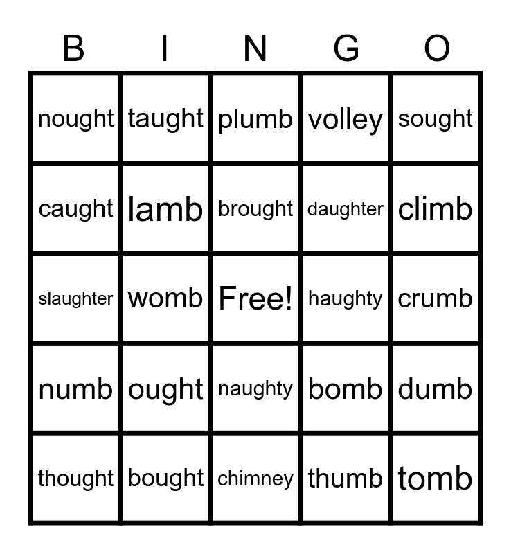 -mb, -ey, -ought and -aught Bingo Card