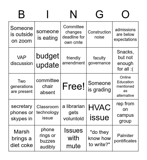 Faculty Meeting Bingo Card
