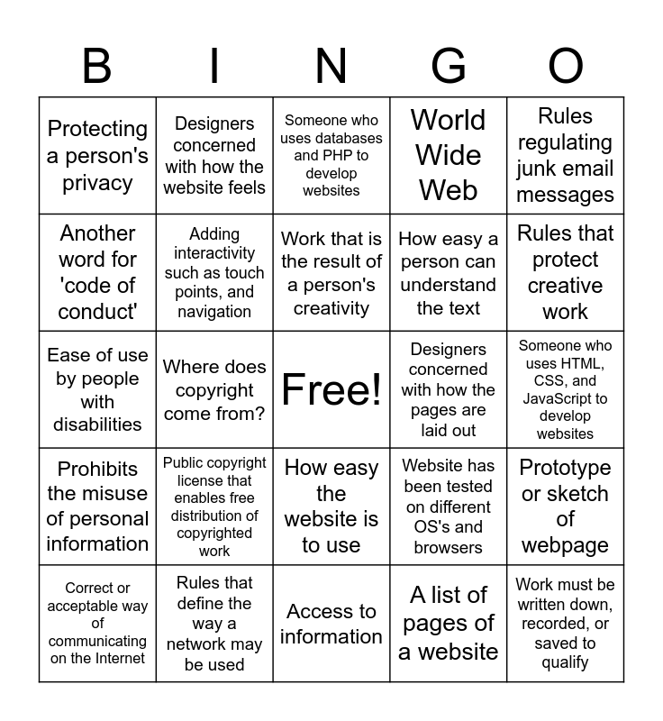 WD1-Digital Citizenship, Careers, Site Planning Bingo Card