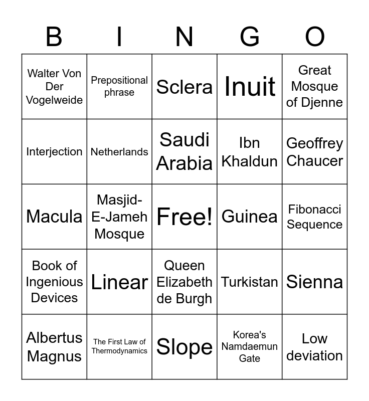 Week 32 Bingo Card