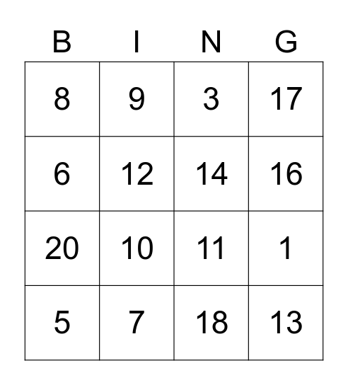 Number 1 to 20 Bingo Card