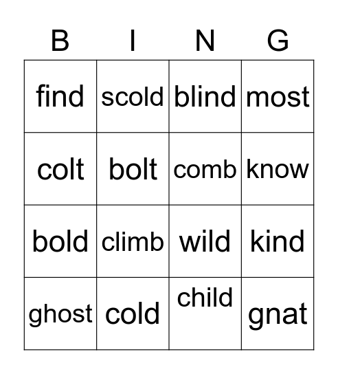 old, ind Word Pattern Bingo Card