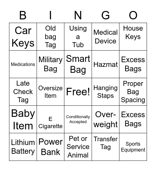 Bag Hygiene Bingo Card