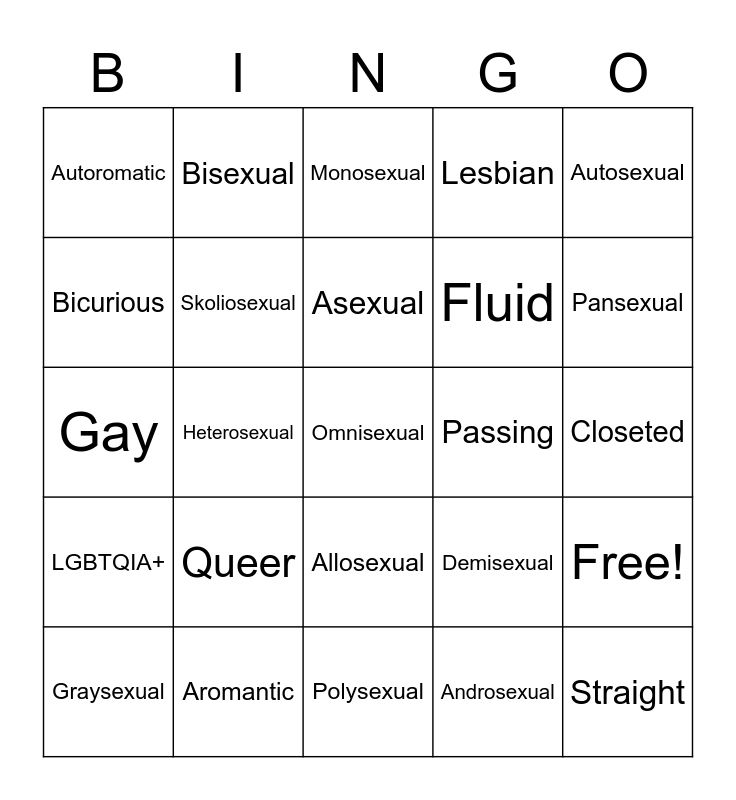 Sexuality Bingo Card