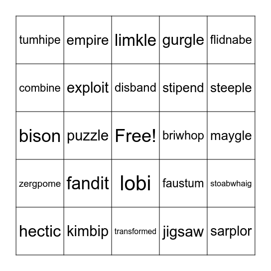 Multisyllabic Nonsense Word Bingo Card