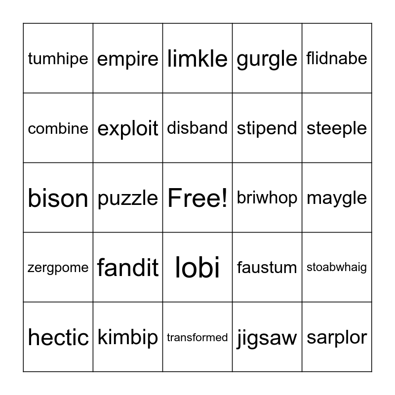 Multisyllabic Nonsense Word Bingo Card