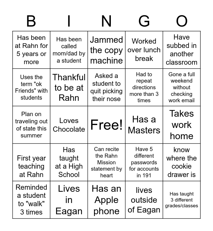 Teacher Bingo Card