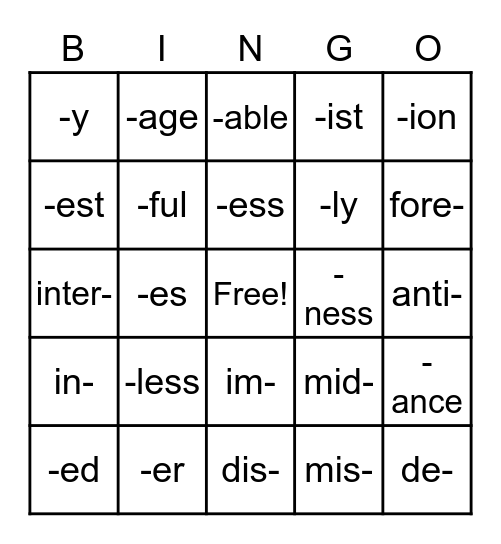 Prefix and Suffixes Bingo Card