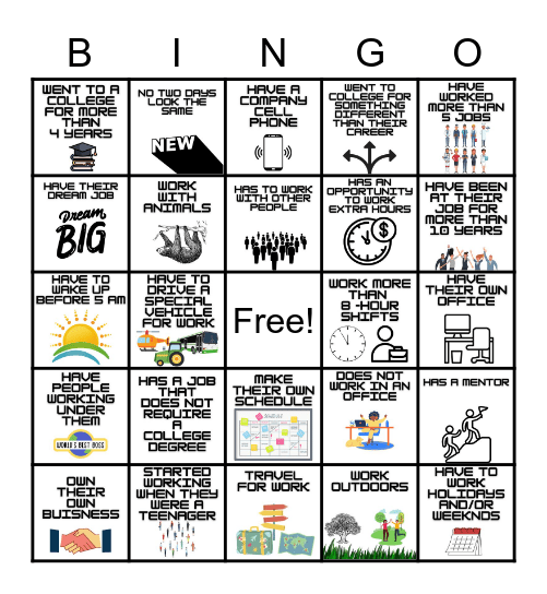Career Day Bingo Challenge Bingo Card