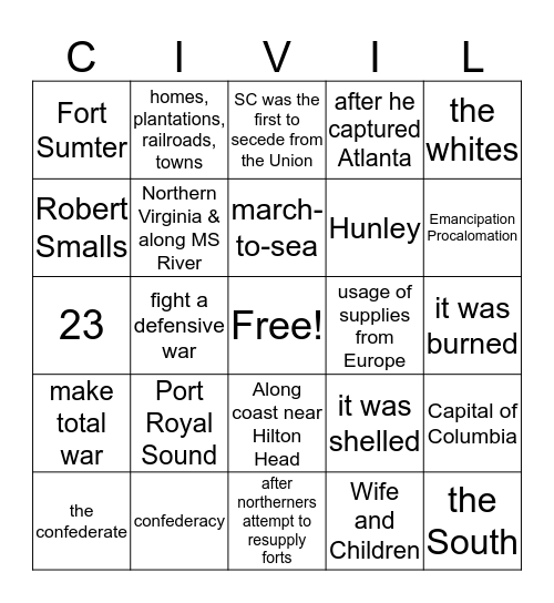 Civil War Bingo Card