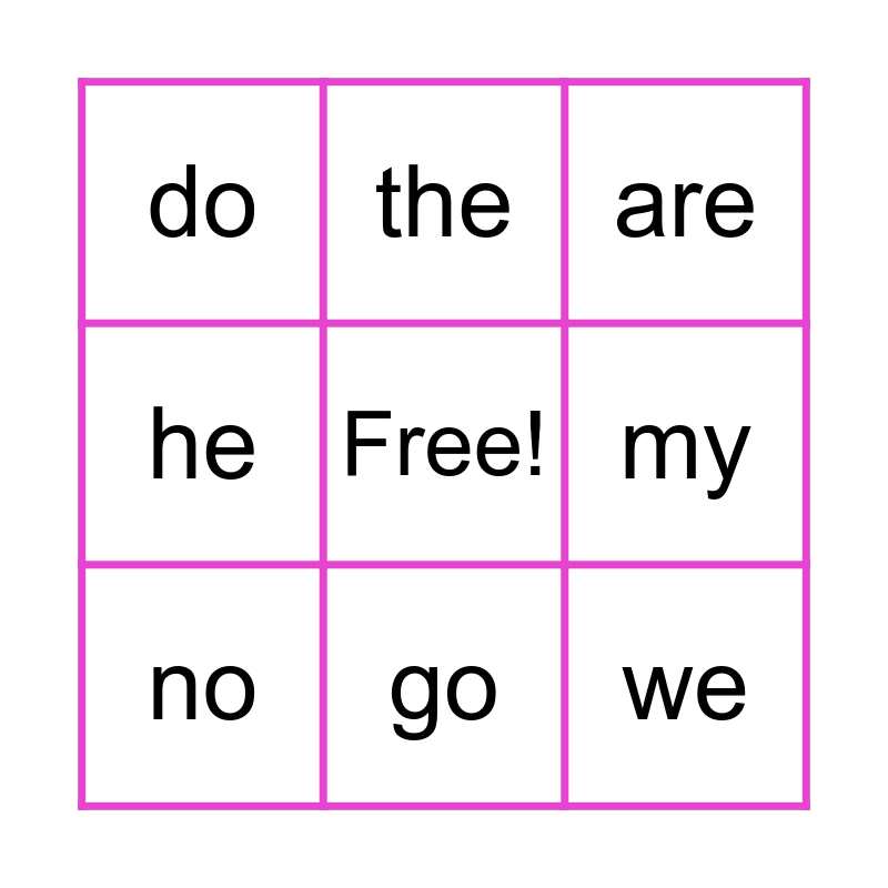 Tricky Word Bingo Card