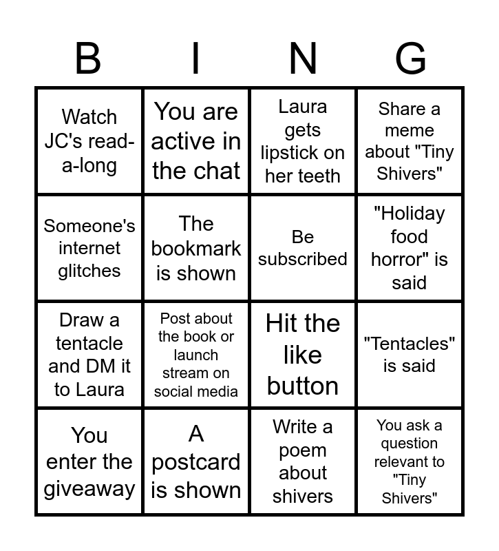 "Tiny Shivers" Release Stream Bingo Card