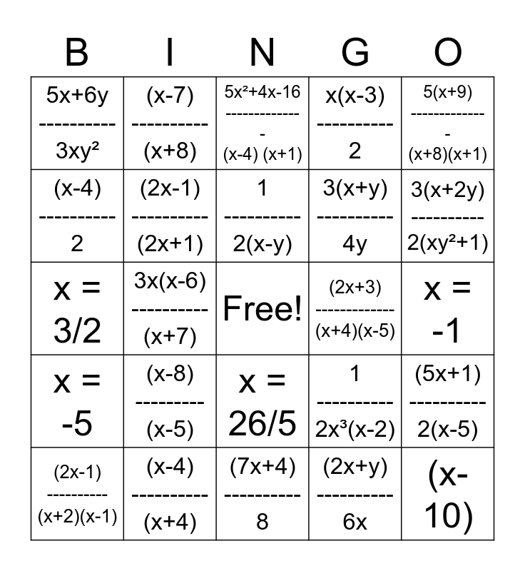 Math Bingo Card