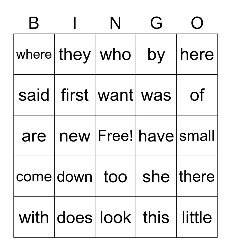 Kindergarten High Frequency Words C3 Bingo Card