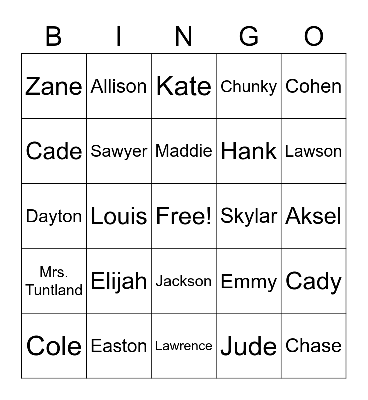 Our Class Bingo Card