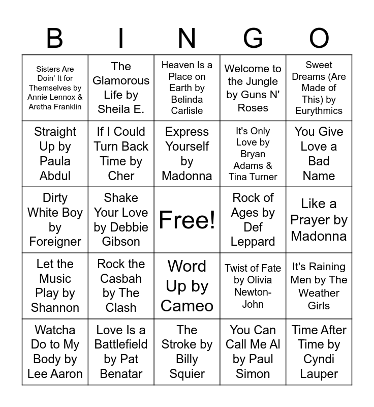Music Bingo - 80's Hits Bingo Card
