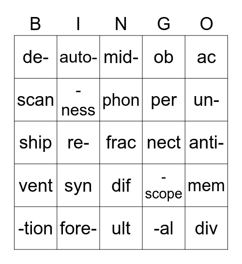 Challenge Sight Syllables #10-15 Bingo Card