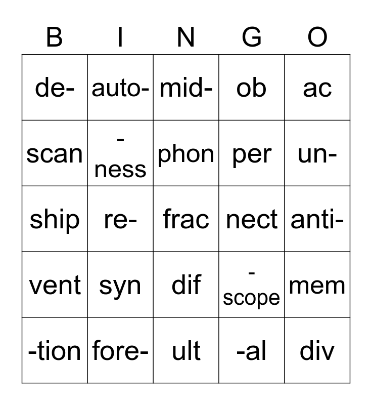 Challenge Sight Syllables #10-15 Bingo Card