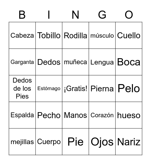 Partes del Cuerpo Bingo Card