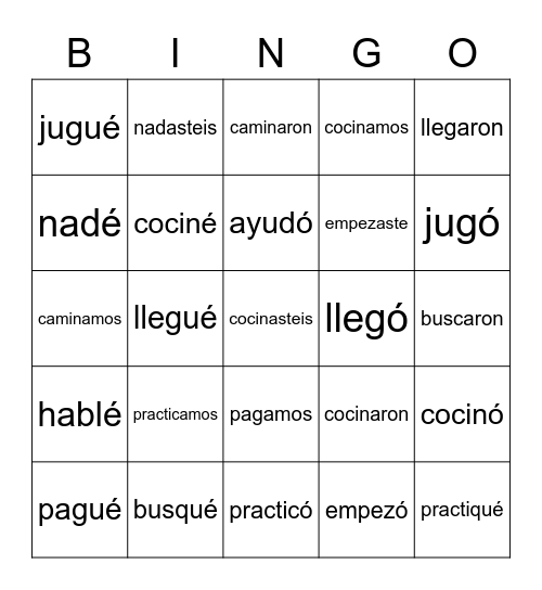 -ar verbs preterite Bingo Card
