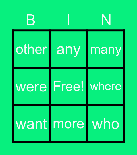 Green Tricky words Bingo Card