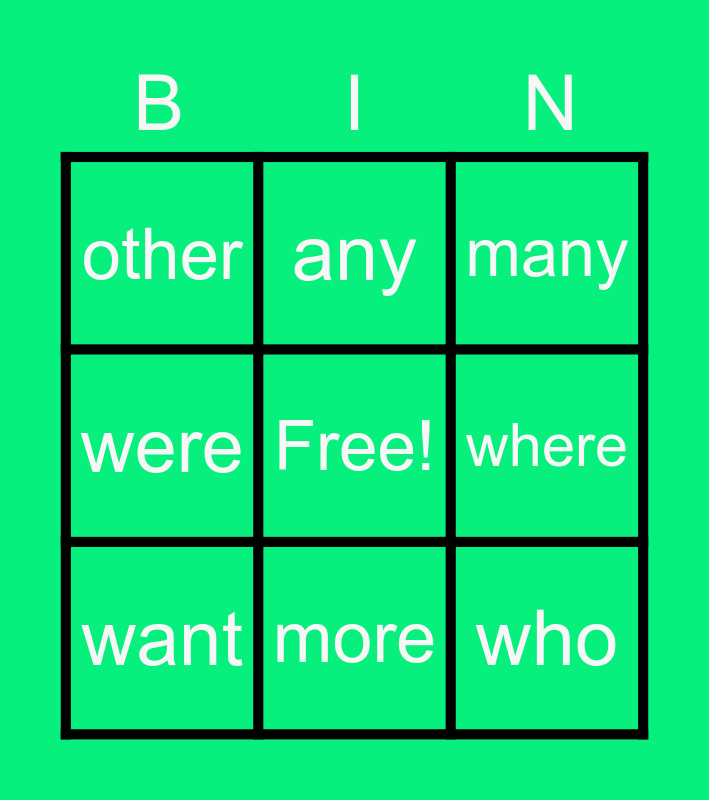 Green Tricky words Bingo Card