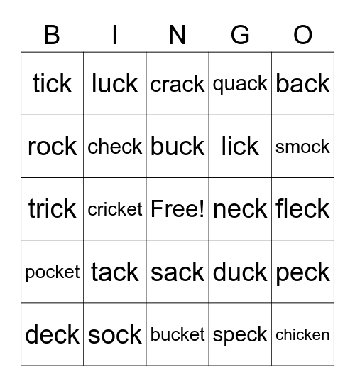 Words ending in -ck Bingo Card