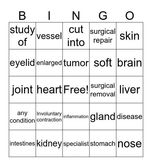 Medical Terminology Lesson 1 Bingo Card