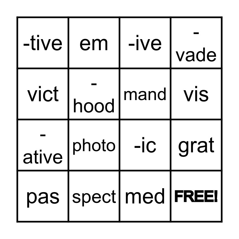 Challenge Sight Syllables #25-30 Bingo Card